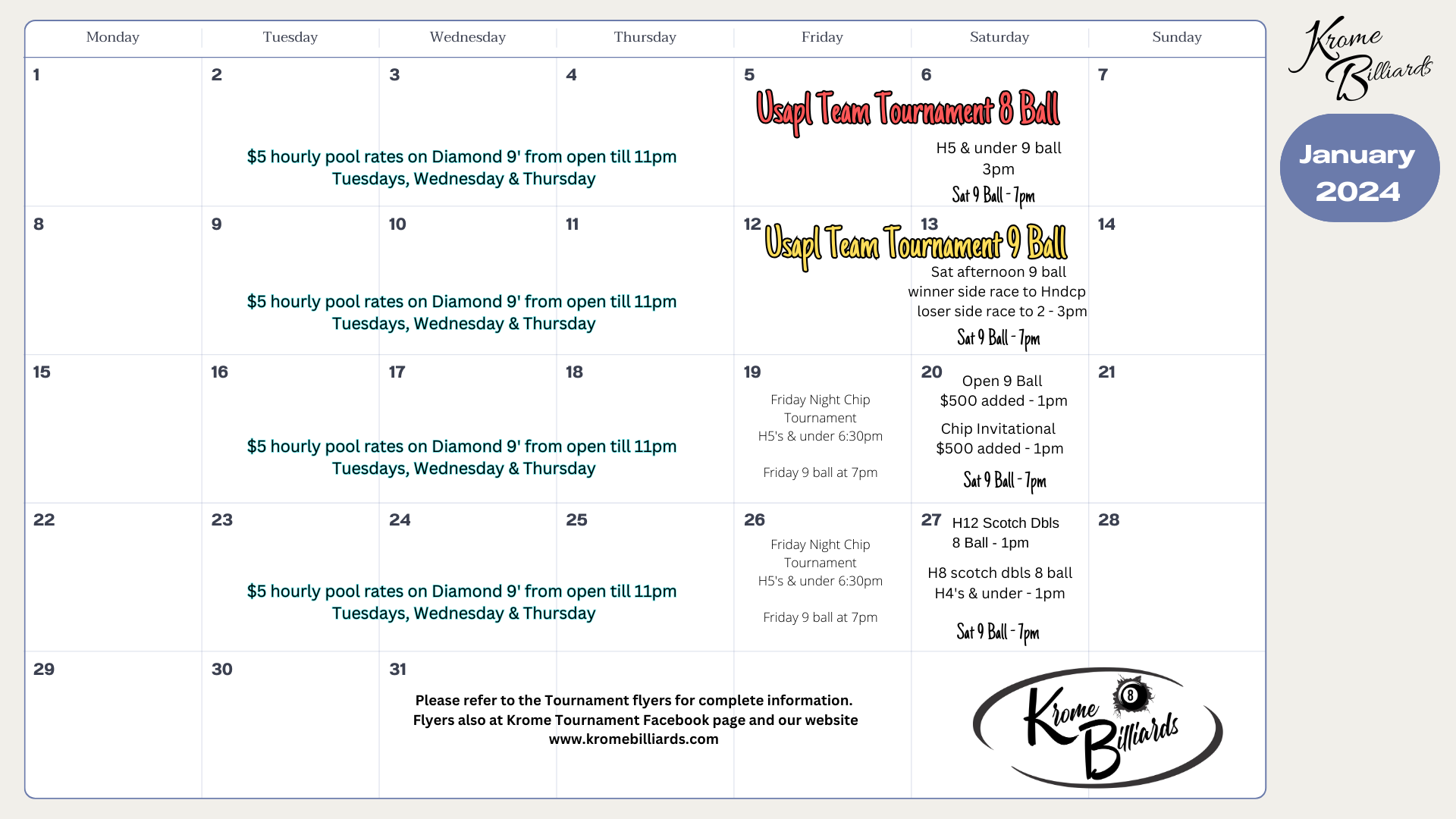 Krome Billiards Calendar of Events