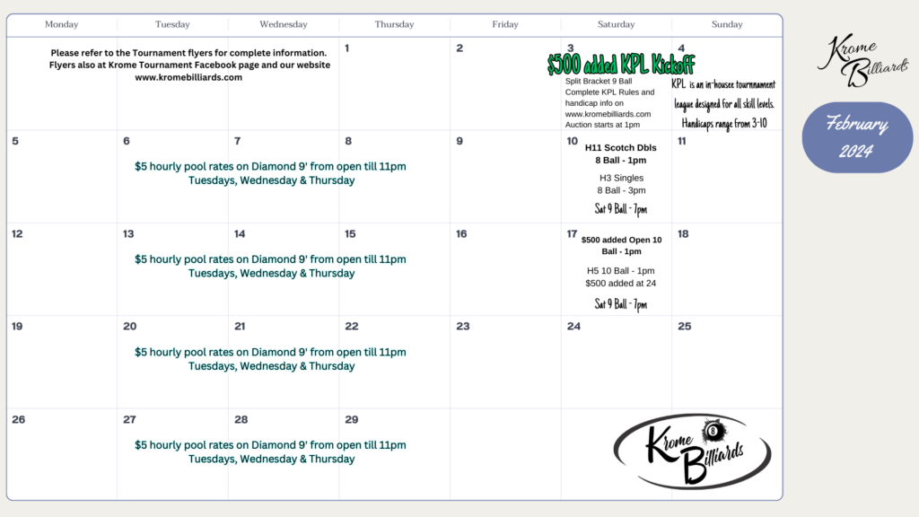 Krome Billiards Calendar of Events