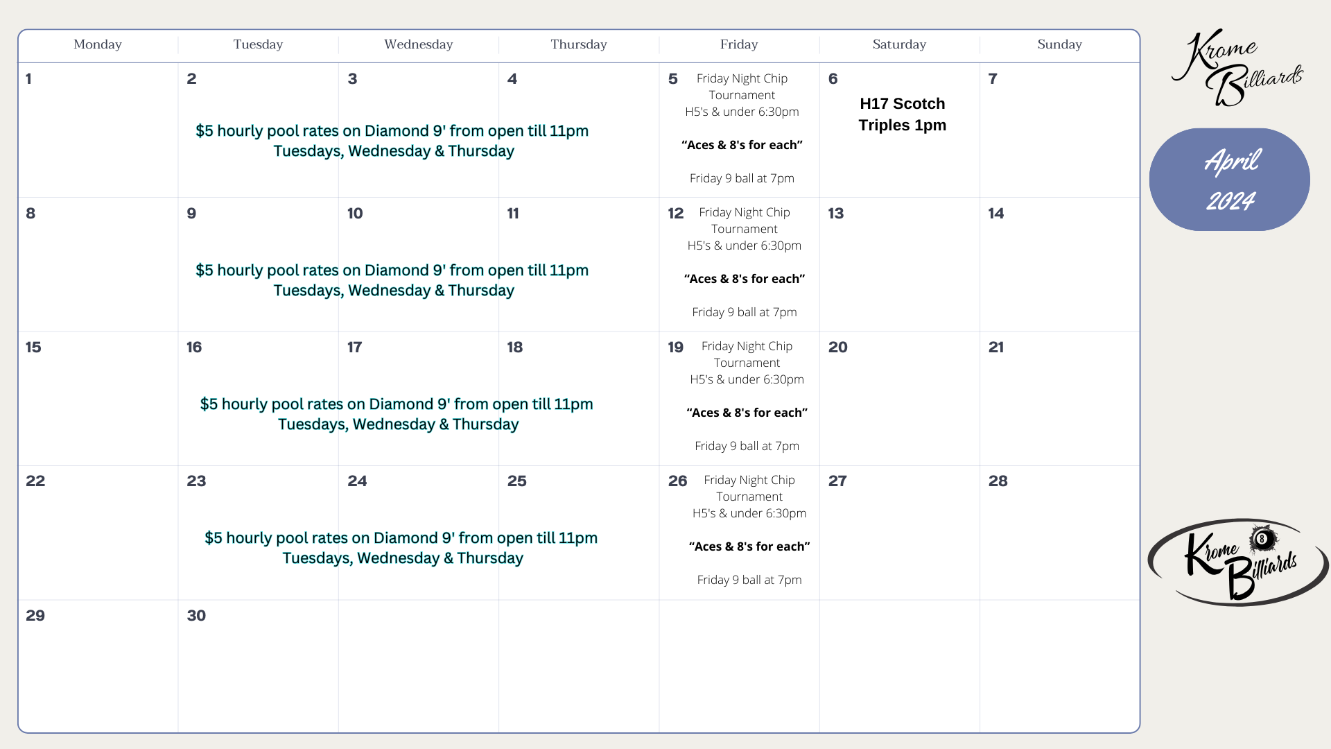 Krome Billiards Calendar of Events