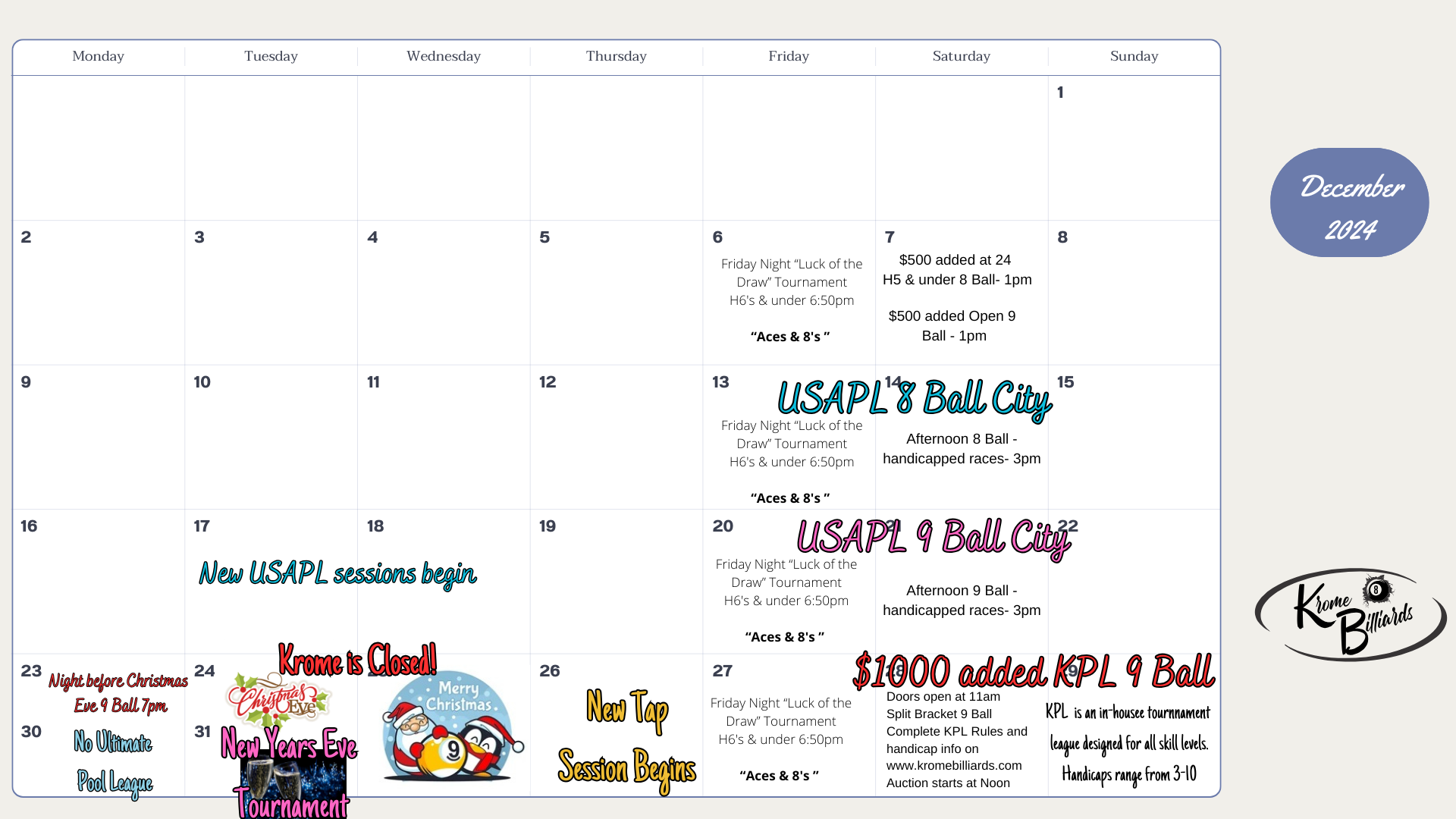 Krome Billiards Calendar of Events